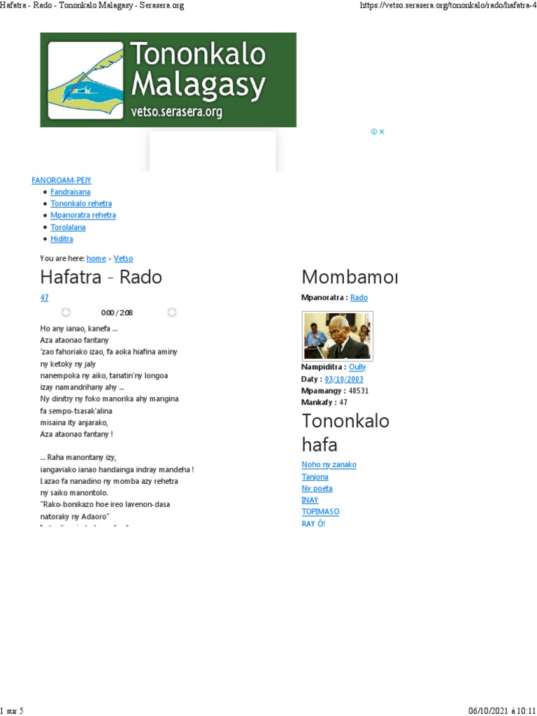 Hafatra - Rado - Tononkalo Malagasy | PDF