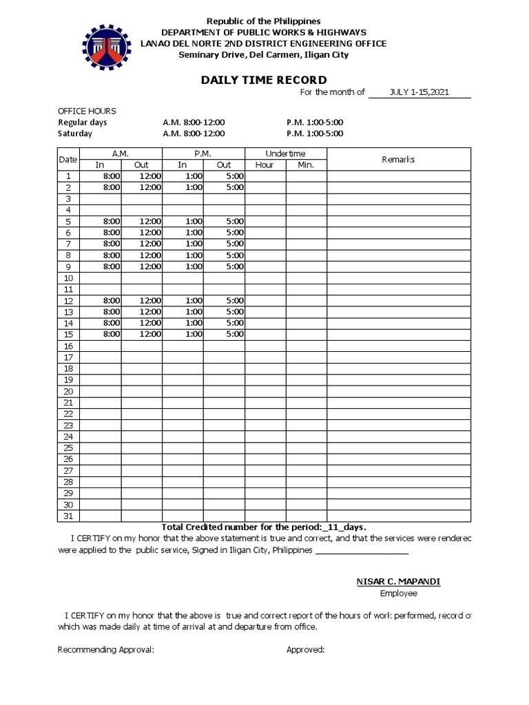 Daily Time Record | PDF