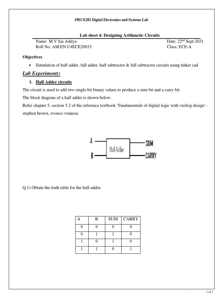 Lab Experiments:: Lab Sheet 4: Designing Arithmetic Circuits | PDF | Electronic Design | Theory ...