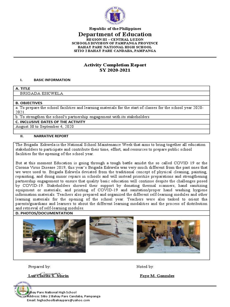 Department of Education: Activity Completion Report SY 2020-2021 | PDF