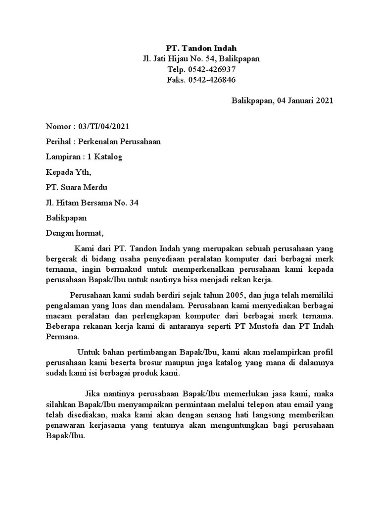 Surat Perkenalan PT. Tandon Indah | PDF | Karier & Perkembangan