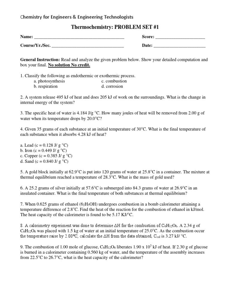 Thermochemistry - Problem Set - 1 | PDF | Applied And Interdisciplinary ...