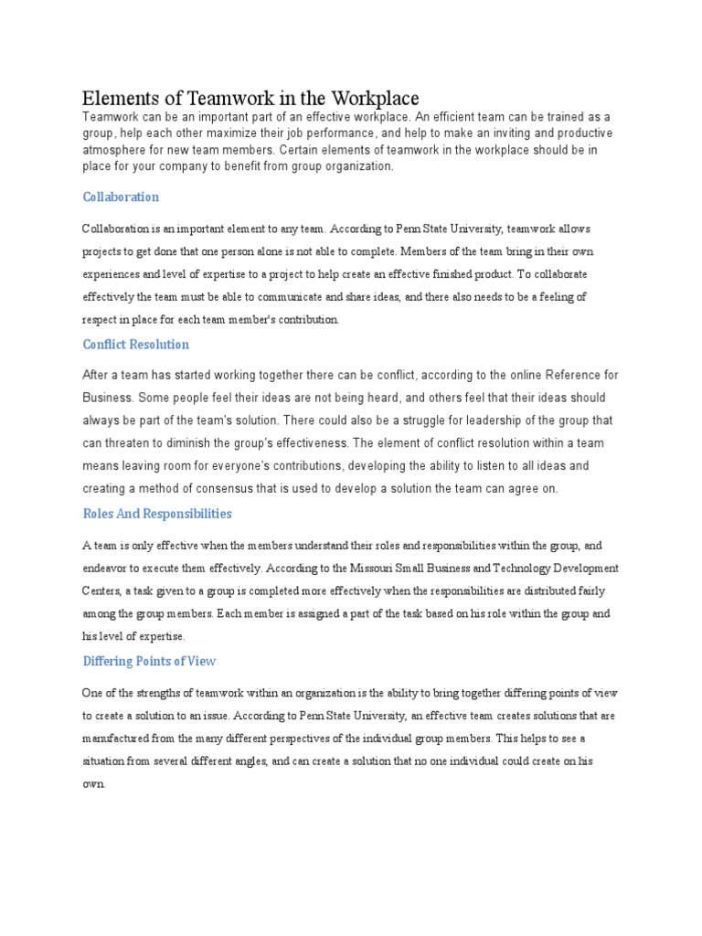 Elements of Teamwork in The Workplace: Collaboration | PDF | Leadership ...