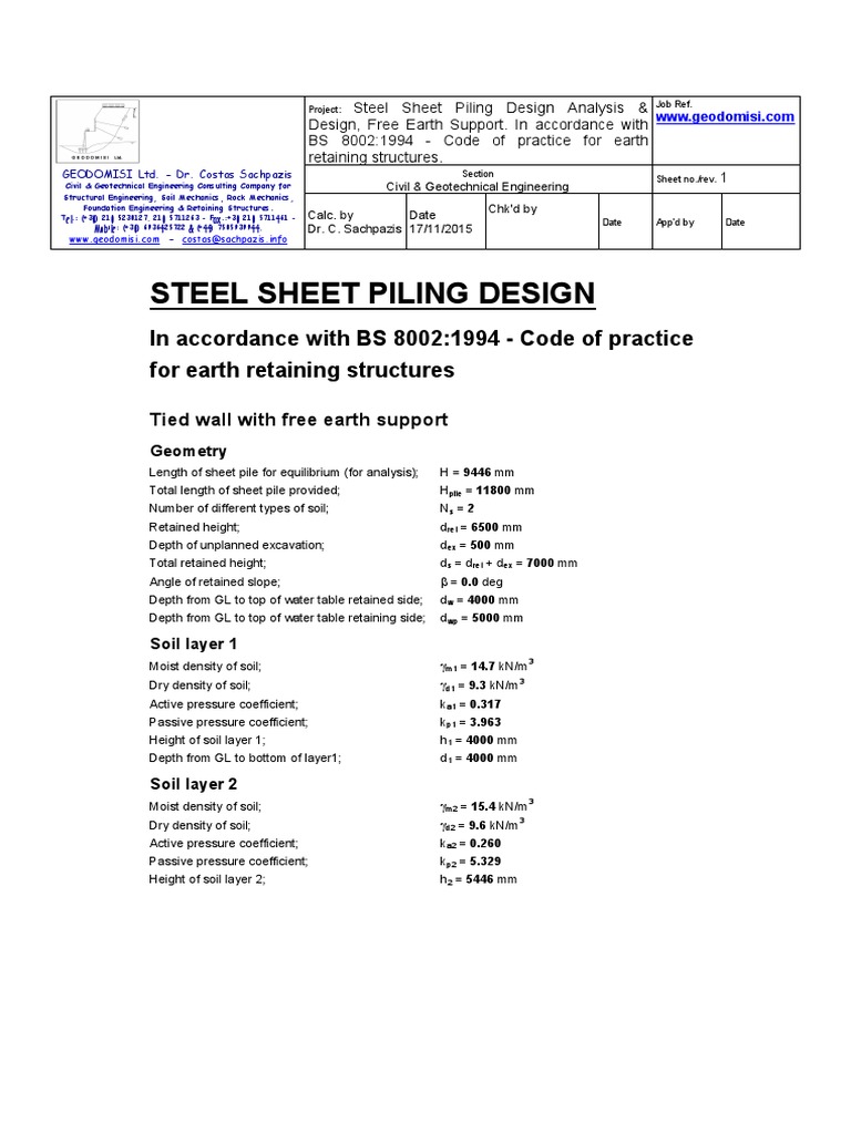 Steel Sheet Piling Design: in Accordance With BS 8002:1994 - Code of ...