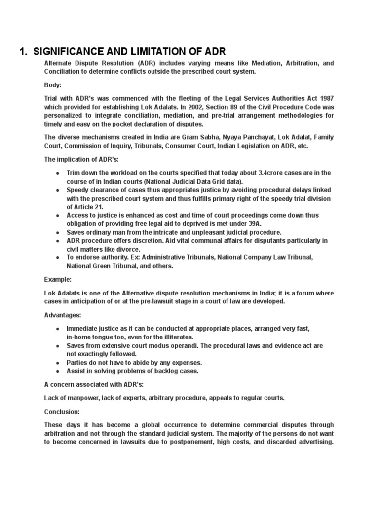 Significance and Limitation of Adr | PDF | Alternative Dispute Resolution | Mediation