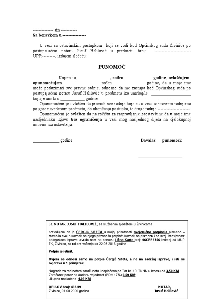 URNEK 2019 Za Zastupanje Na Sudu Punomoć-Ostavina | PDF