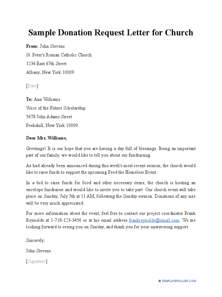 Sample Donation Request Letter For Church: From: John Stevens | PDF ...