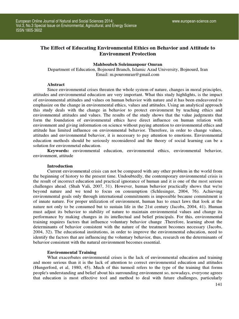 The Effect of Educating Environmental Ethics On Behavior and Attitude ...