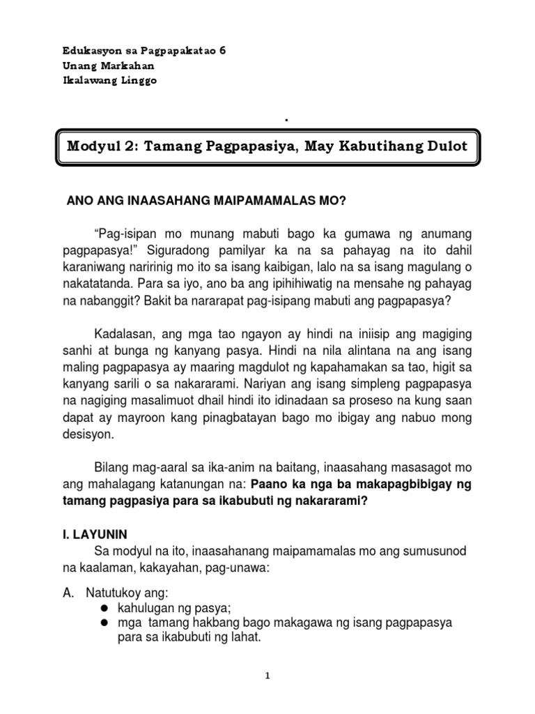 Esp6 q1 wk2 m2 Tamang-Pagpapasya-May-Kabutihang-Dulot | PDF