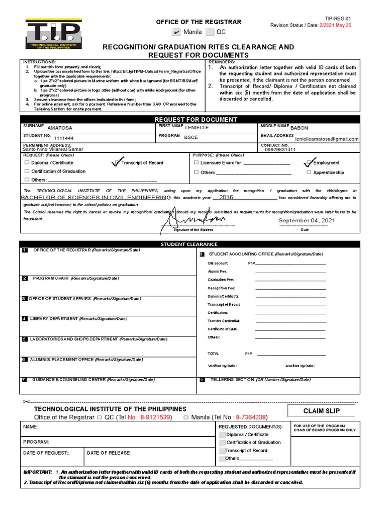 TIP-REG-01 Recognition Graduation Rites Clearance - Request For ...