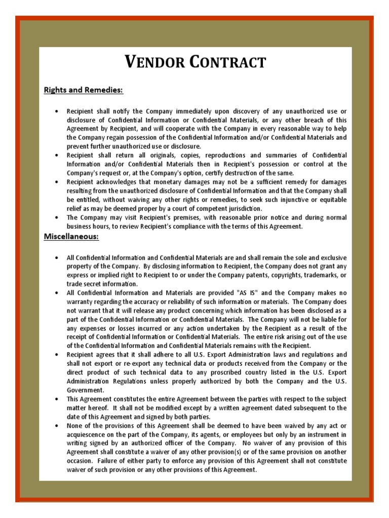 Vendor Contract Template | PDF | Legal Remedy | Discovery (Law)