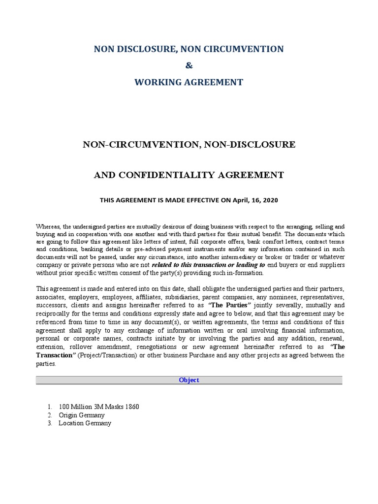 Non Disclosure, Non Circumvention & Working Agreement | PDF | Financial ...