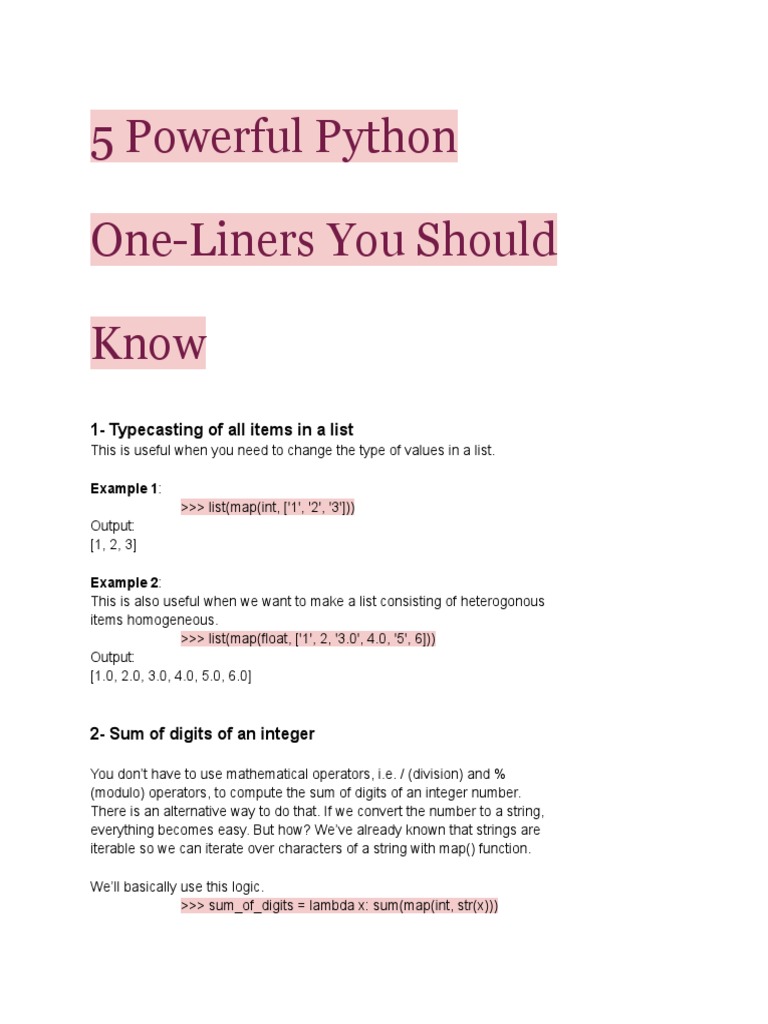 5 Powerful Python One-Liners You Should Know: 1-Typecasting of All ... 5 Powerful Python One-Liners You Should Know: 1-Typecasting of All ...
