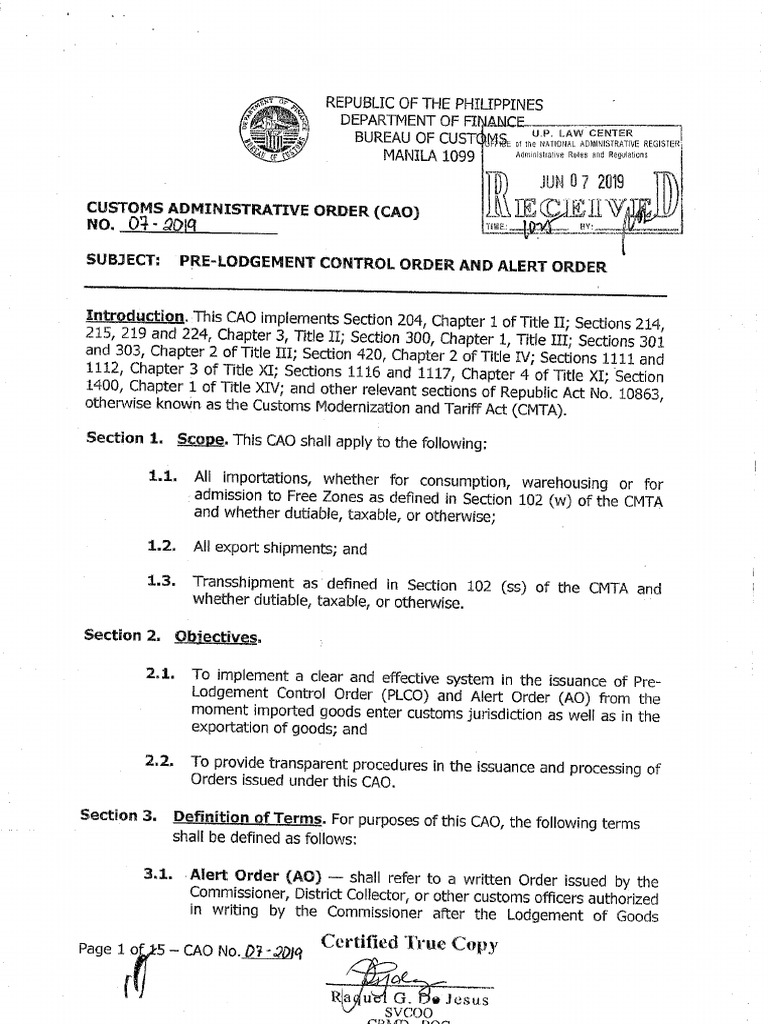 Cao 7-2019 Pre-Lodgement Control Order | PDF