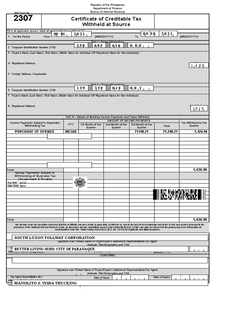 BIR Form 2307: Tax Withheld Certificate | PDF | Payments | Taxpayer