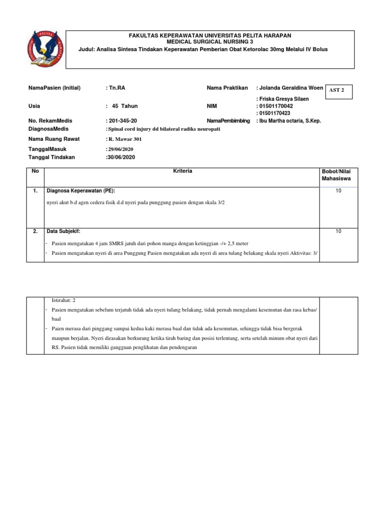 Friska Gresya Silaen. Jolanda Geraldina Woen, Week 2, CS 10, AST 2 (Pemberian Obat IV Keterolac ...
