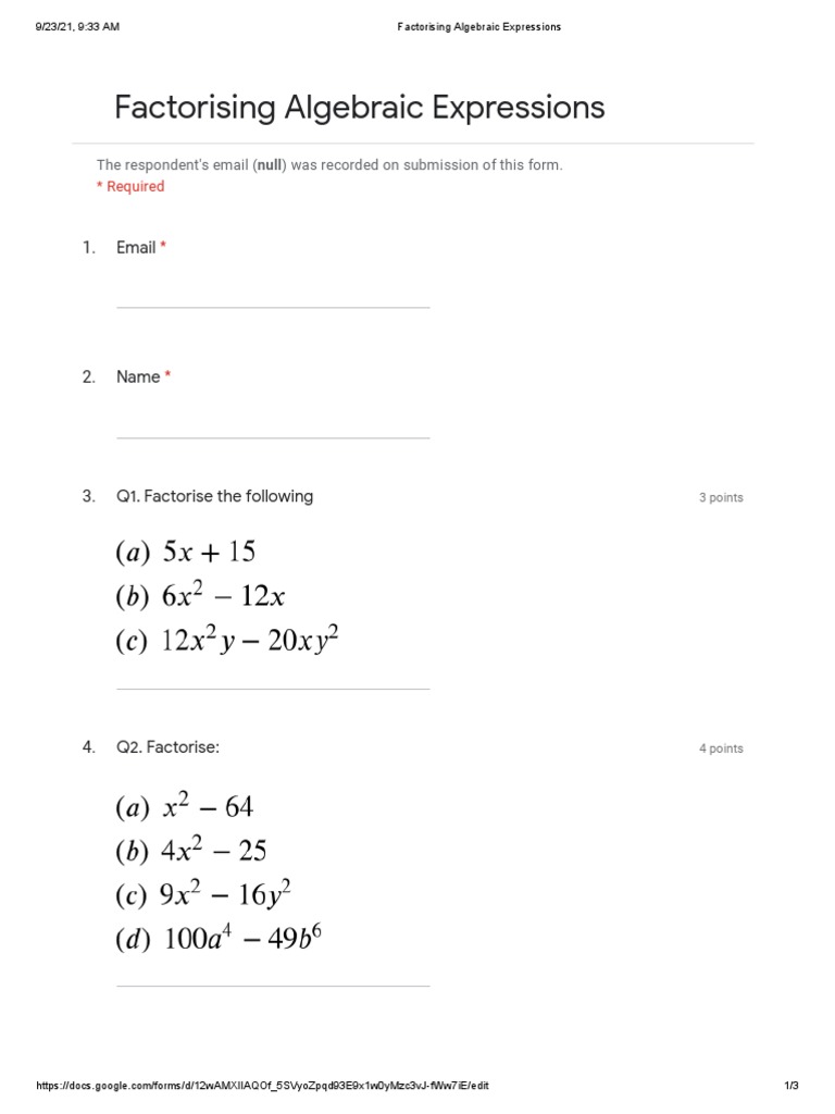 Factorising Algebraic Expressions - Google Forms | PDF