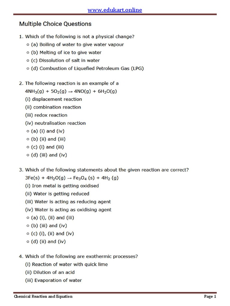 Chemical Equations and Reactions Worksheet | PDF