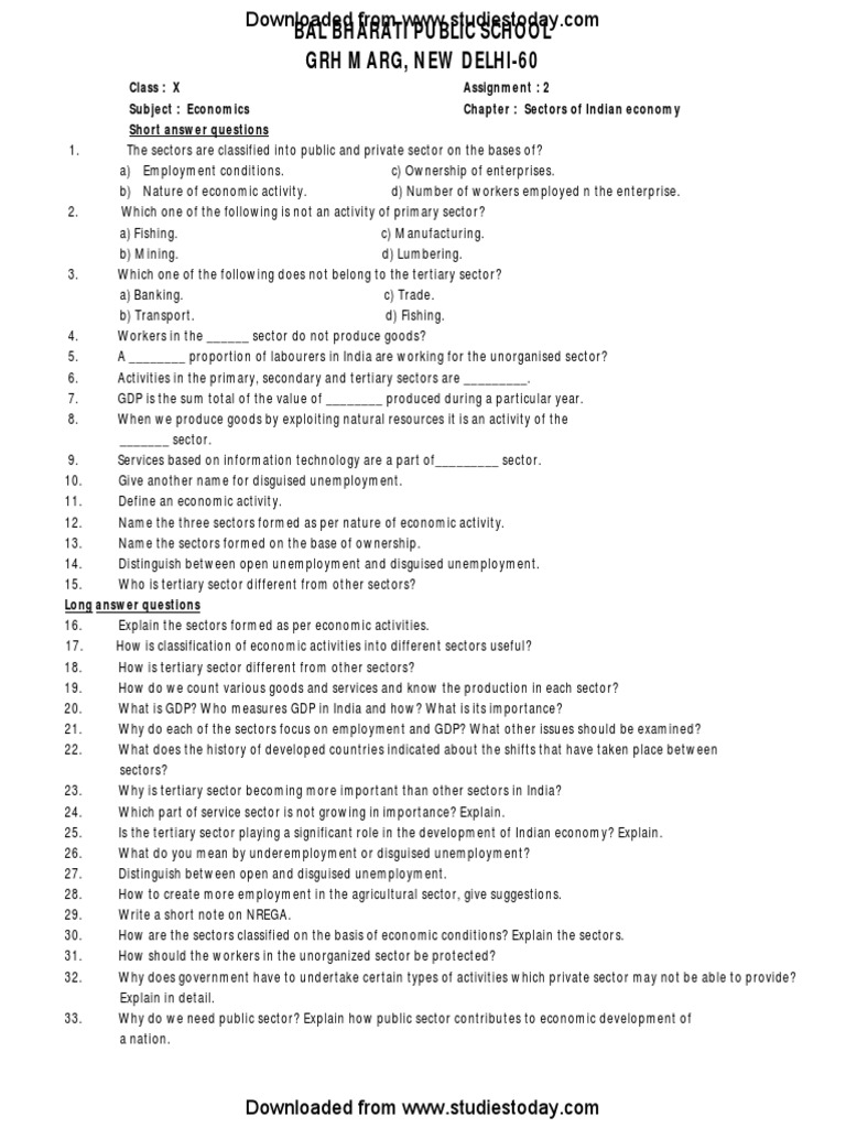 Class: X Assignment: 2 Subject: Economics Chapter: Sectors of Indian ...