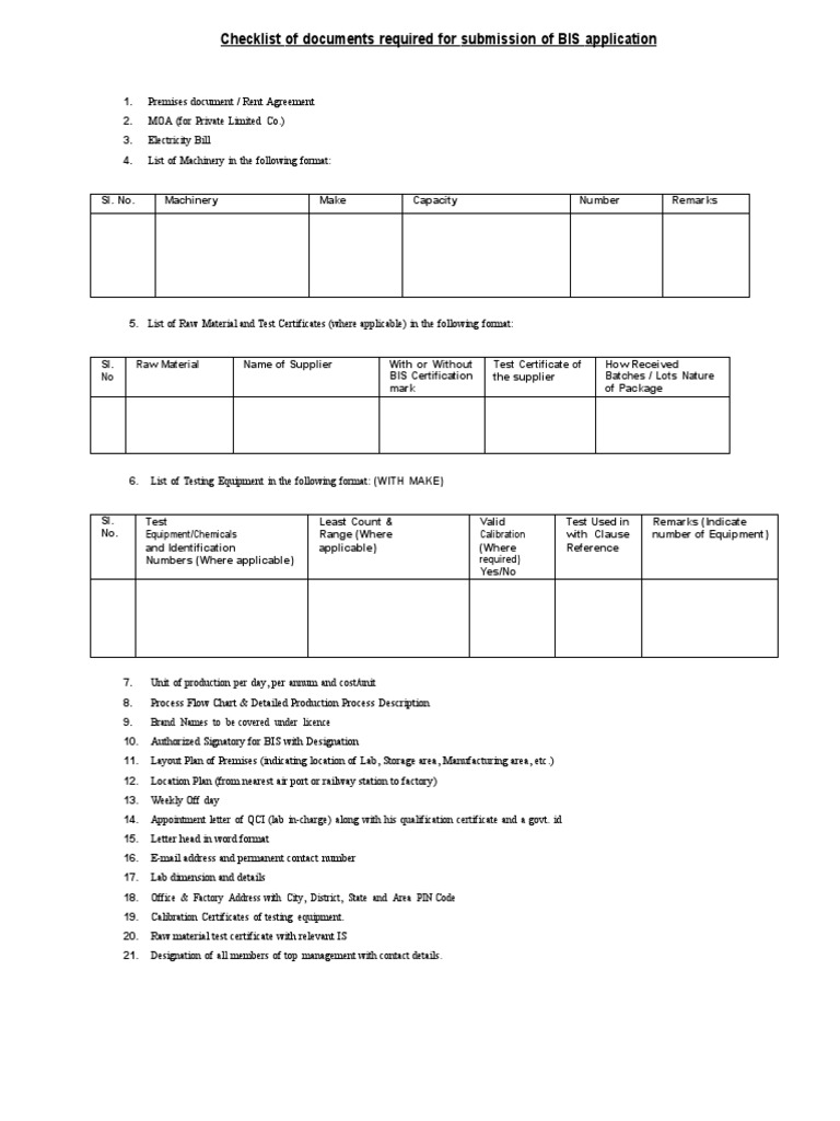 BIS Checklist | PDF