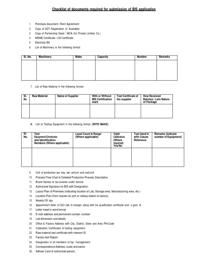 Checklist of Documents Required For Submission of BIS Application | PDF ...