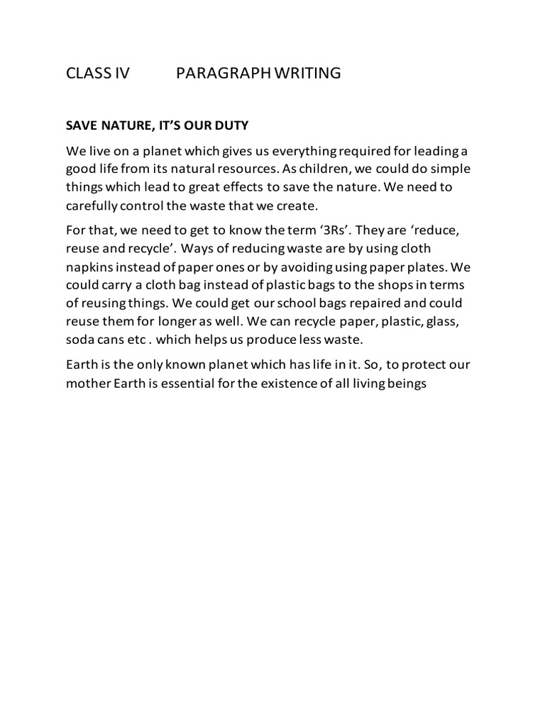 Class IV Save Nature, It's Our Duty Paragraph Writing | PDF