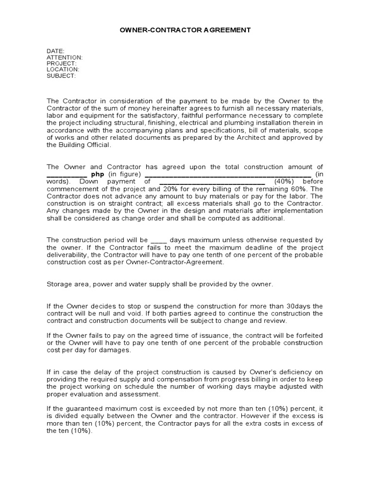 Contractor Owner Agreement | PDF | General Contractor | Government