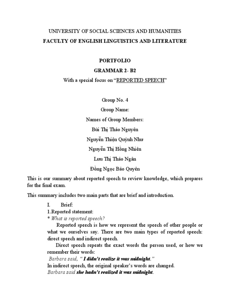 Reported Speech Portfolio Summary | PDF | Verb | English Language