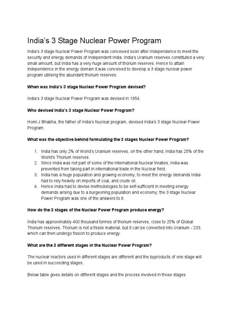 India's 3 Stage Nuclear Power Program | PDF | Nuclear Reactor | Nuclear ...