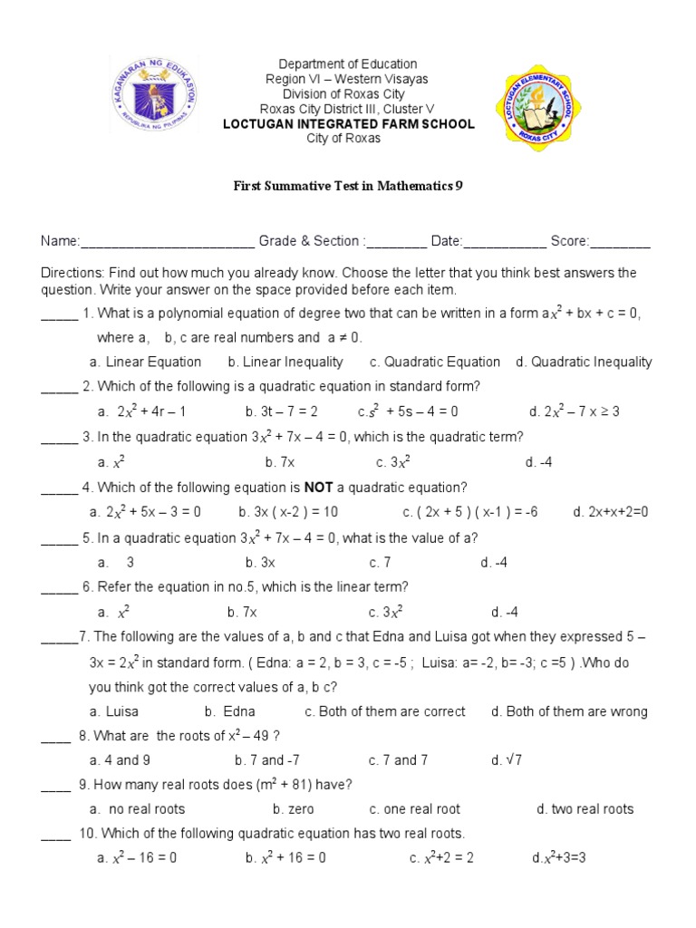 Math 9 1st Summative Test Final | PDF | Equations | Quadratic Equation