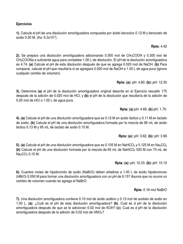 Ejercicios de pH en Soluciones Amortiguadoras | PDF | Ph | Ácido láctico
