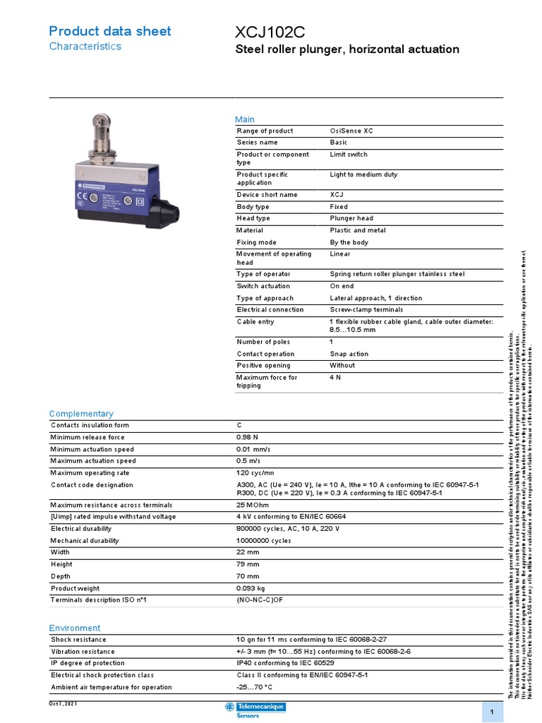 XCJ102C Limit Switch Datasheet | PDF | International Electrotechnical ...
