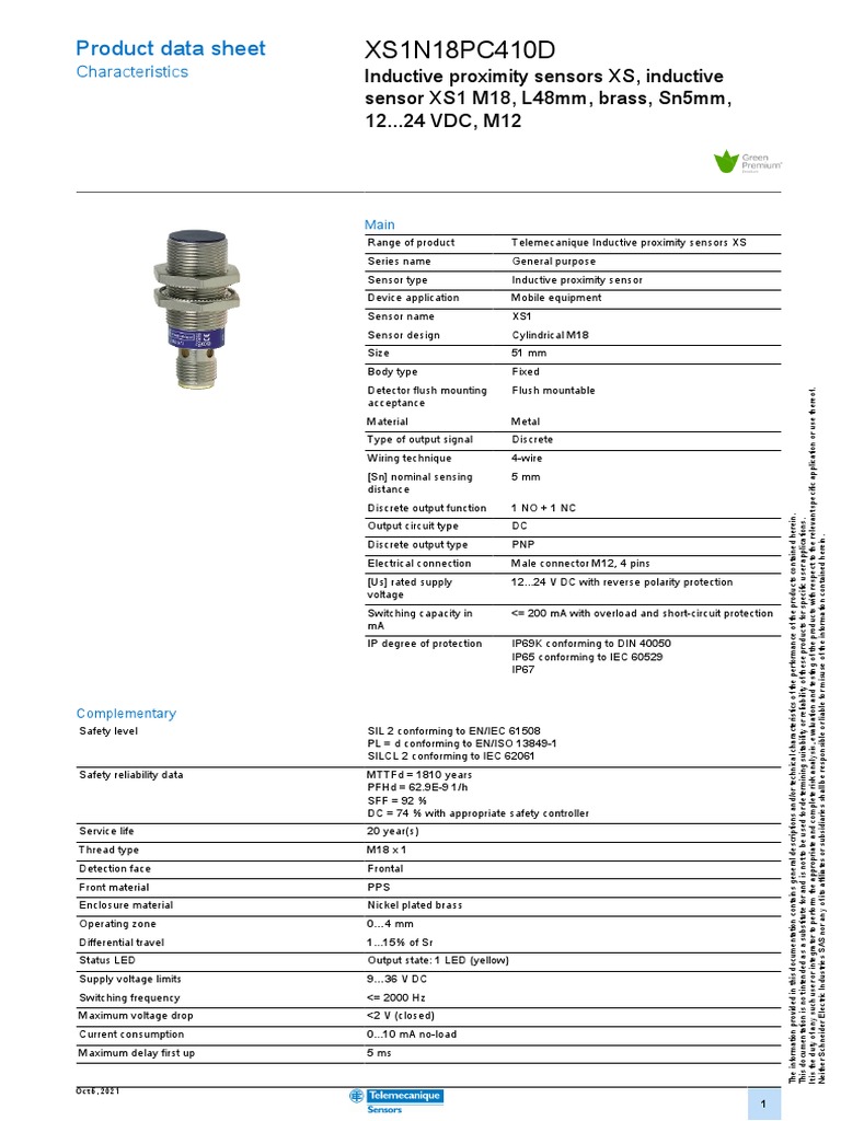 Telemecanique Inductive Proximity Sensors XS XS1N18PC410D Document ...