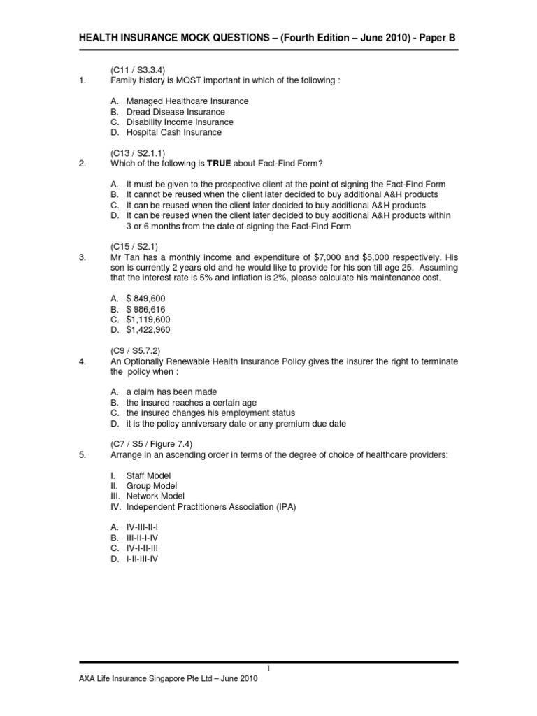 HEALTH INSURANCE MOCK QUESTIONS - (Fourth Edition - June 2010) - Paper ...