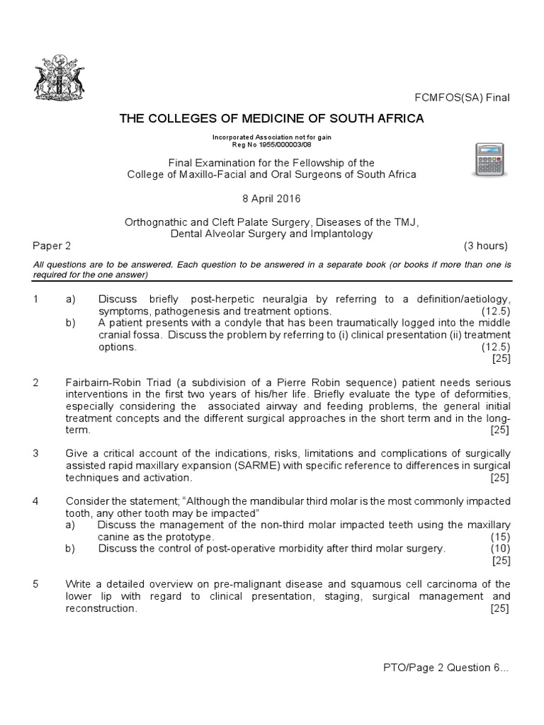 FCMFOS (SA) Final Past Papers - 2016 1st Semester 19-4-2018 | Download Free PDF | Surgery ...