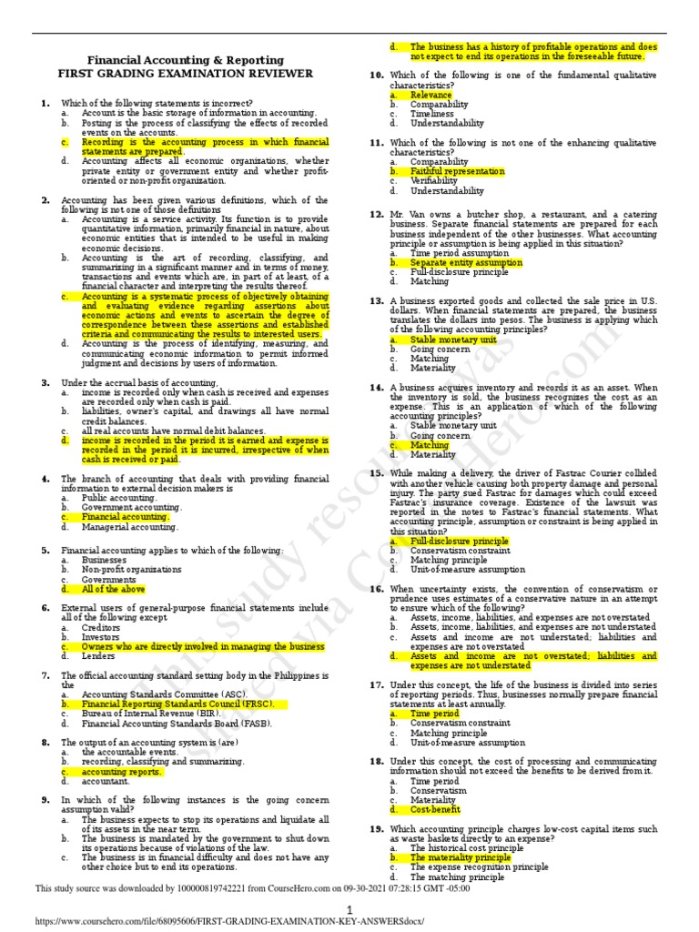 First Grading Examination Key Answers | PDF | Debits And Credits | Business