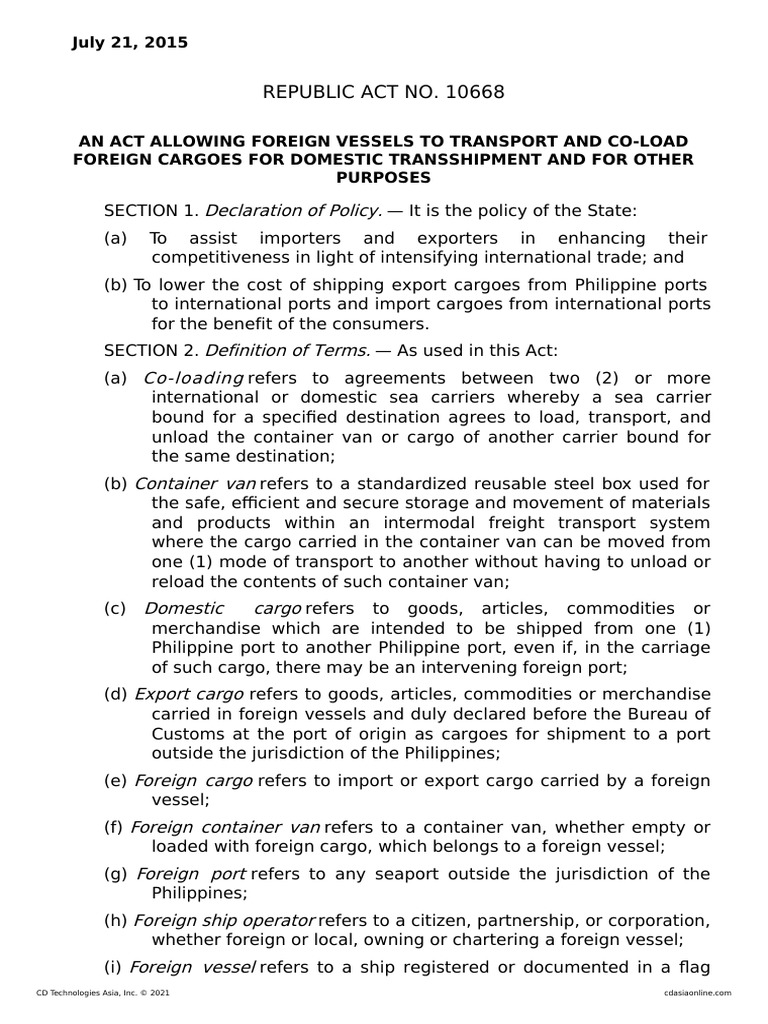 Declaration of Policy.: Republic Act No. 10668 | PDF | Containerization ...