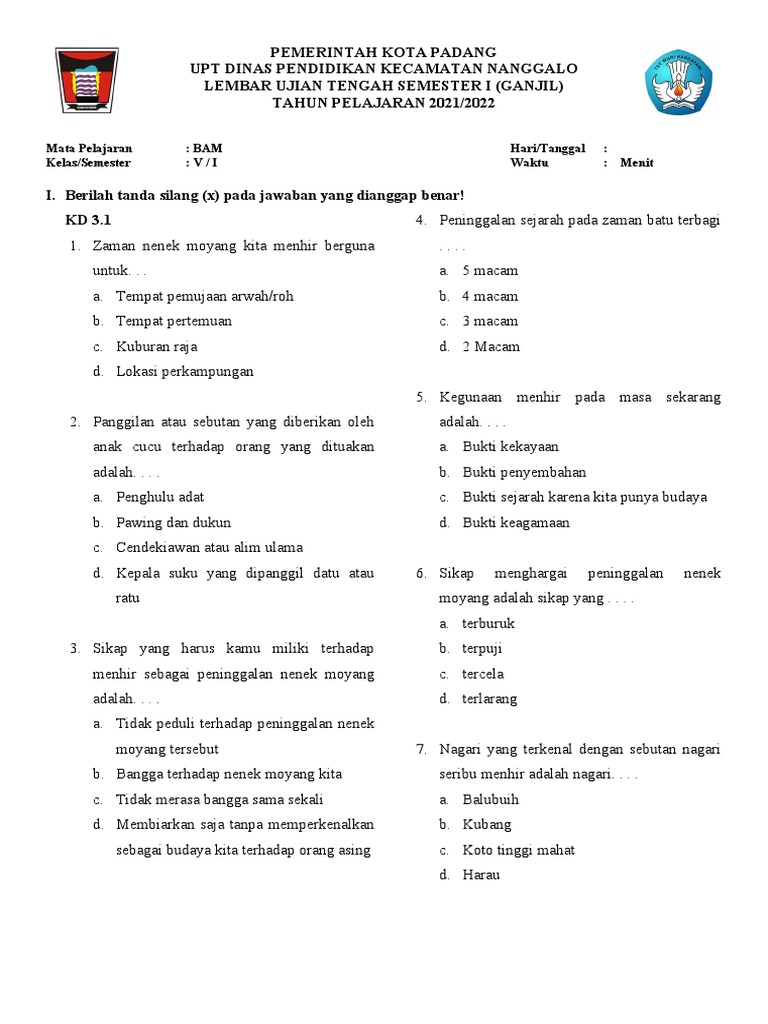 Soal PTS Bam Sem 1, Kelas 5 | PDF
