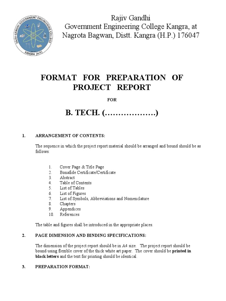 Format For Preparation of Project Report B. TECH. ( .) | PDF | Writing ...