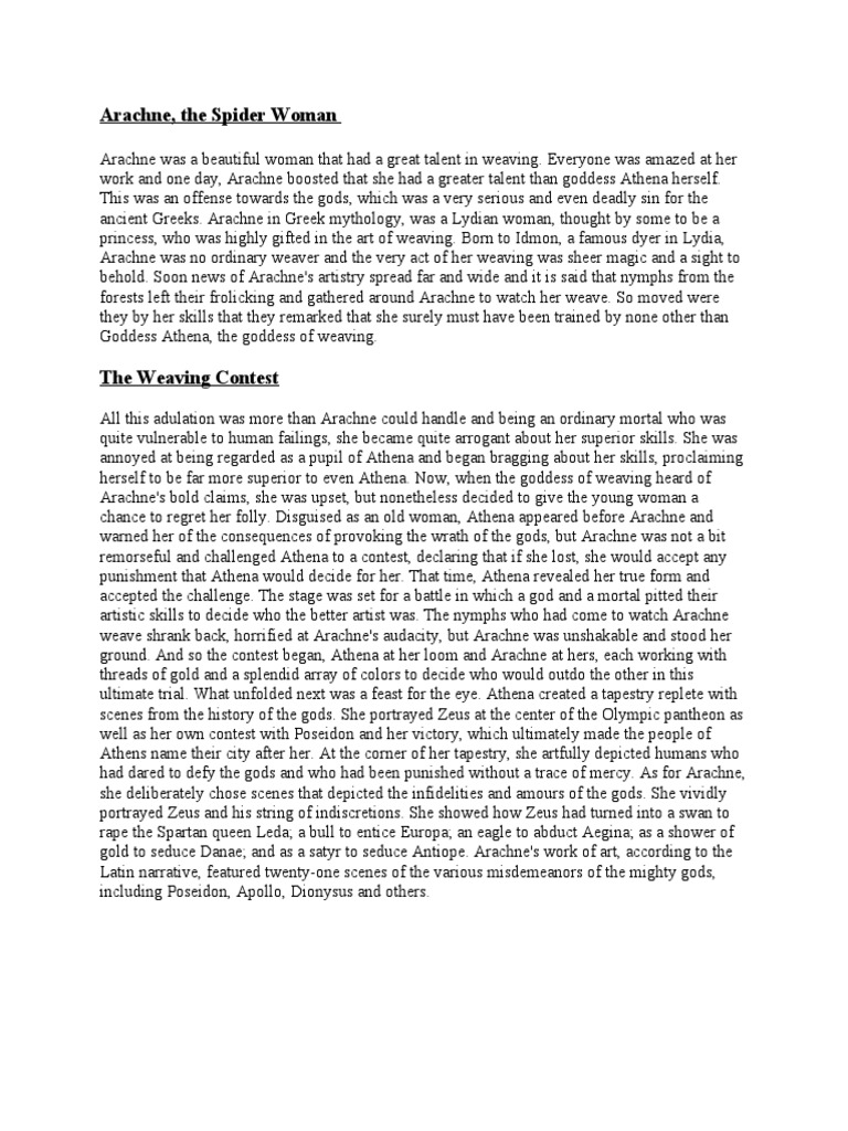 Arachne, The Spider Woman | PDF | Athena | Mythology