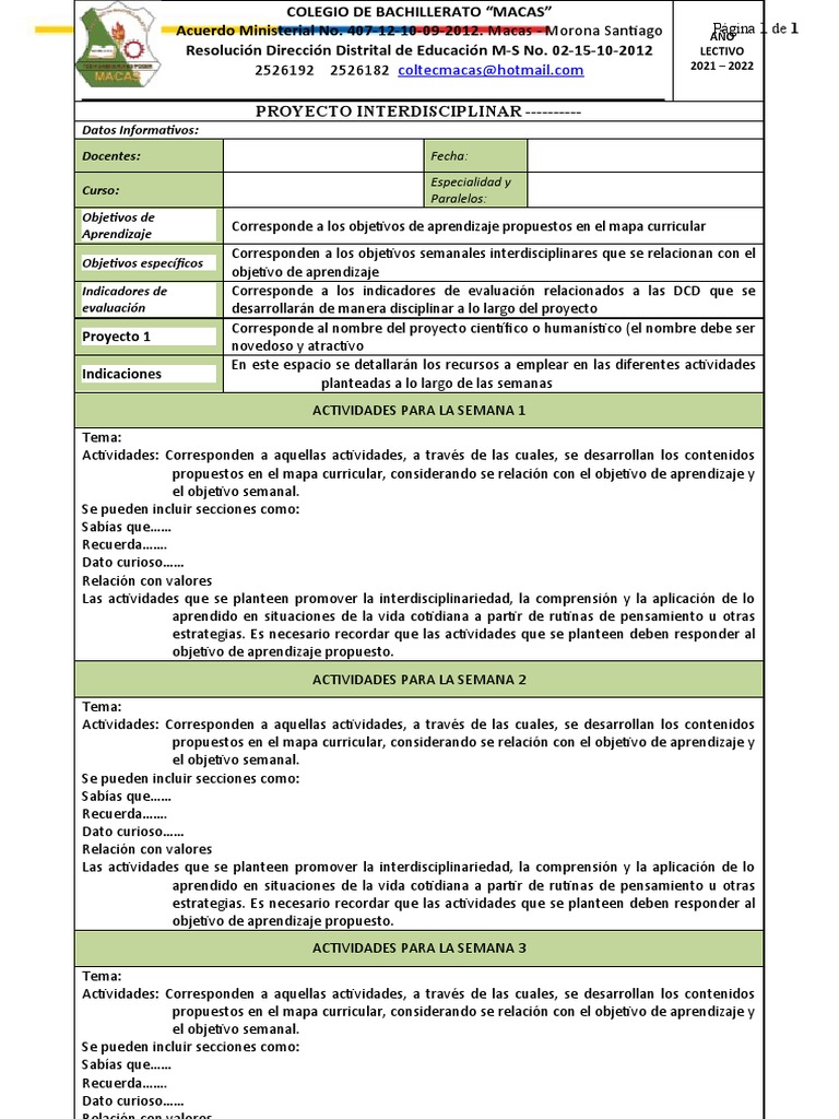 Esquema Del Proyecto Interdisciplinar | PDF | Aprendizaje | Evaluación