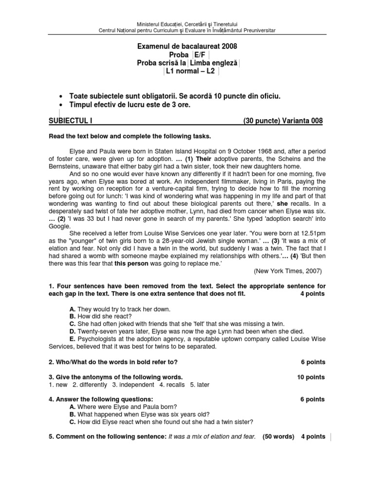 Bacalaureat 2008 English exam text on twins reuniting | PDF