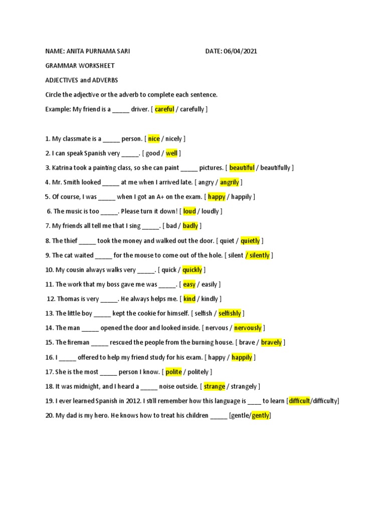 Adverb Adj Exercise | PDF