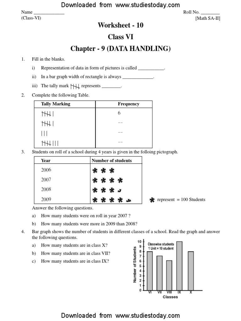 Worksheet - 10 Class VI Chapter - 9 (DATA HANDLING) : Tally Marking ...