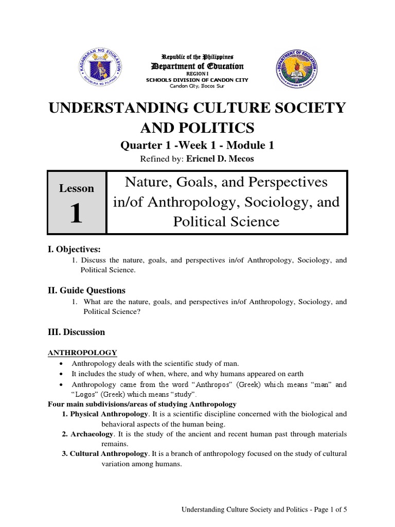 Q1W1 Understanding Culture Society and Politics | PDF | Anthropology ...