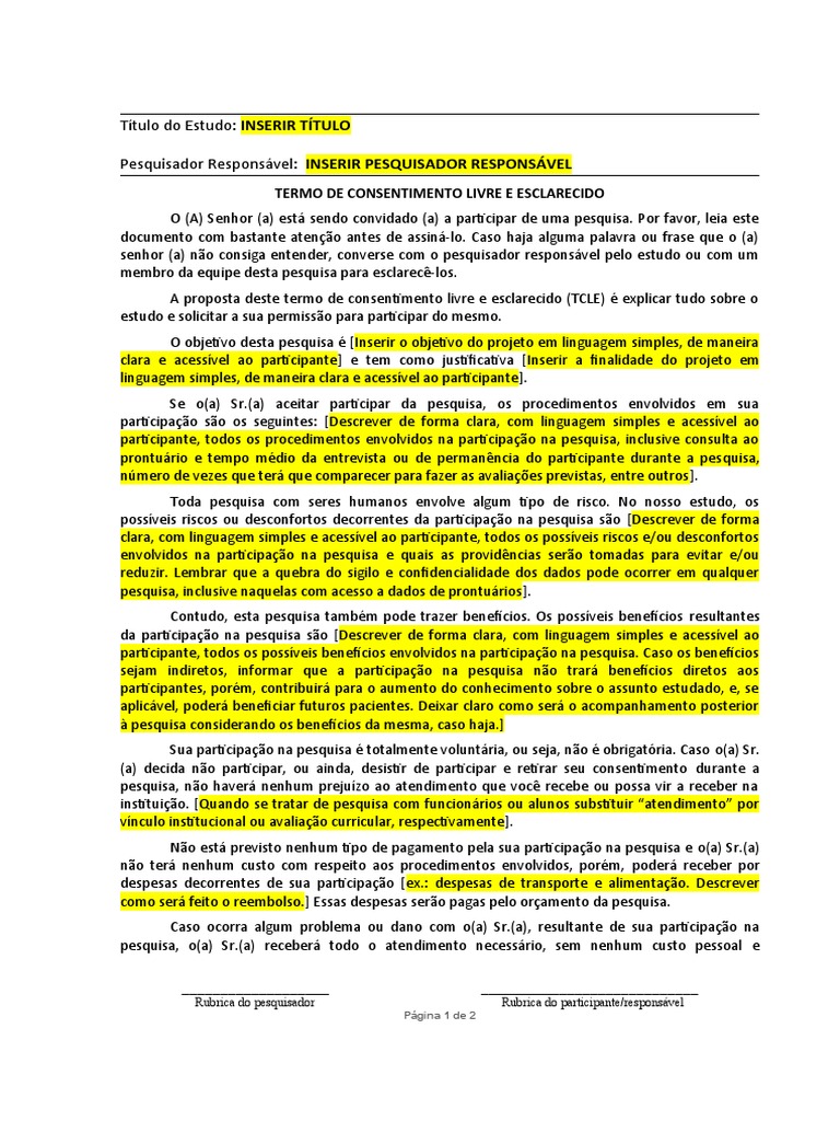 Modelo de Termo de Consentimento Livre e Esclarecido - TCLE | PDF