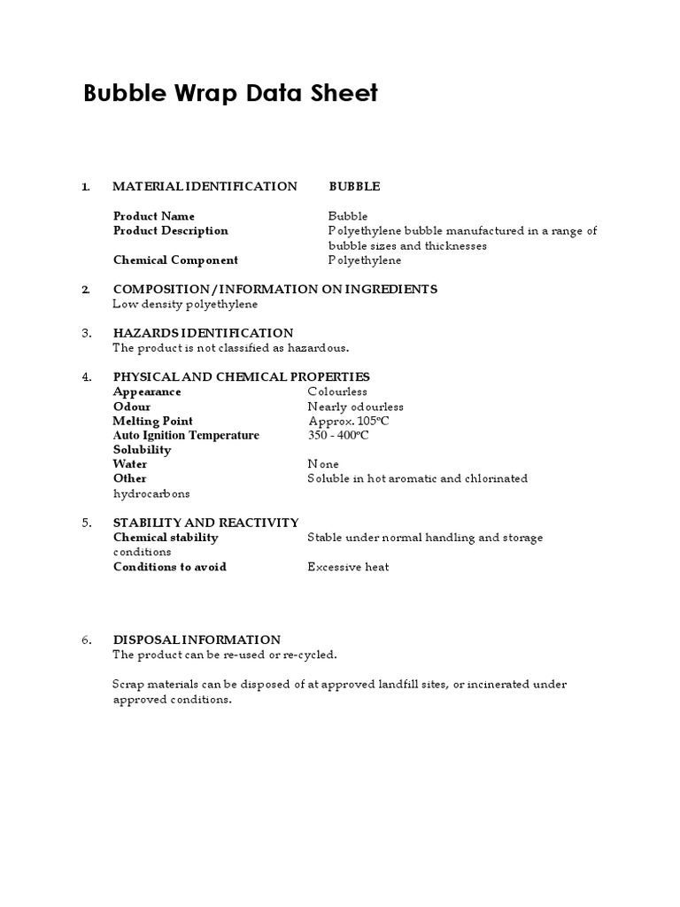 Bubble Wrap Data Sheet | PDF