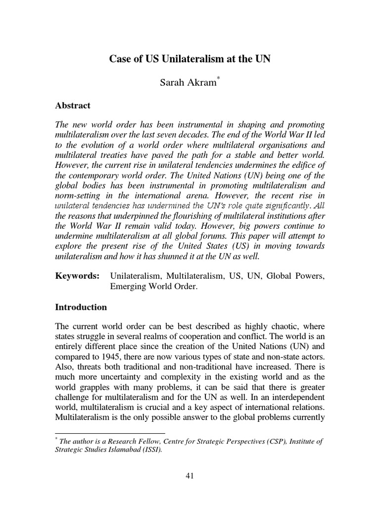 US Unilateralism's Impact on UN Multilateralism | PDF | Multilateralism ...
