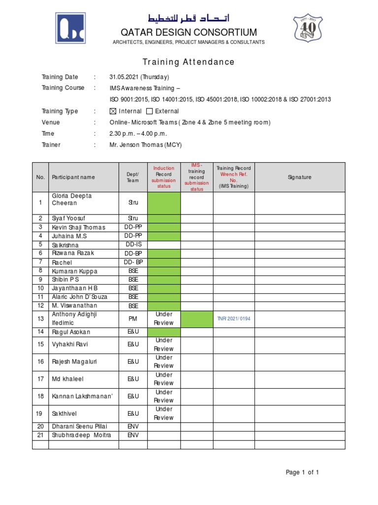 Qatar Design Consortium: Training Attendance | PDF
